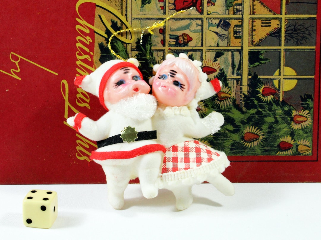 Vintage White Flocked Dancing Santa and Mrs. Santa Ornament, Red and ...