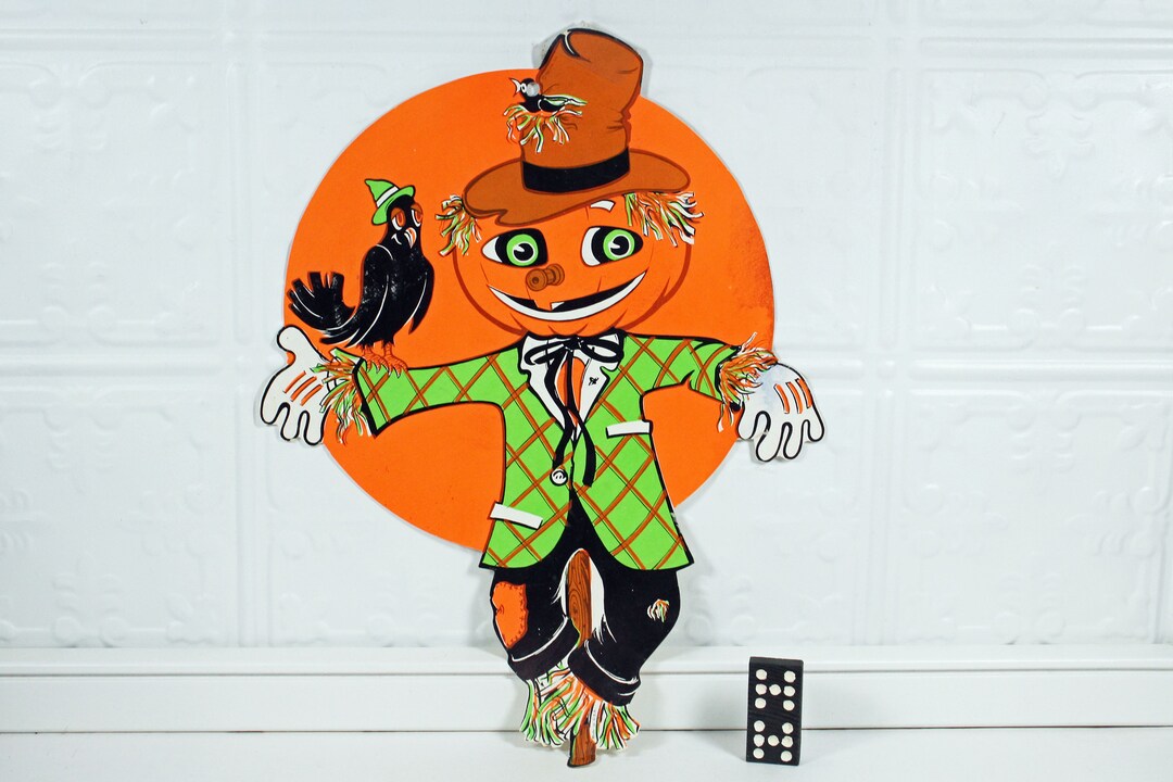 Vintage Beistle Scarecrow Pumpkin Head & Crow Halloween Diecut ...