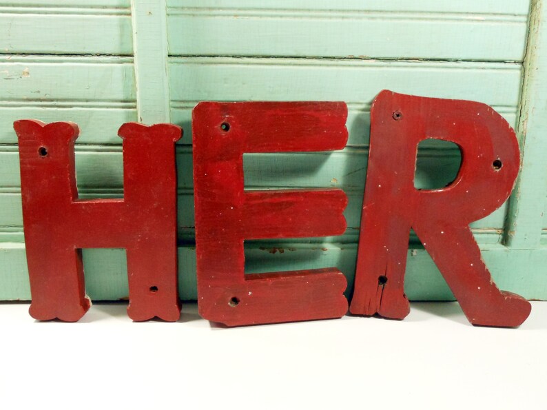 Three Red Rustic Wooden Marquee Letters HER Red Wooden - Etsy