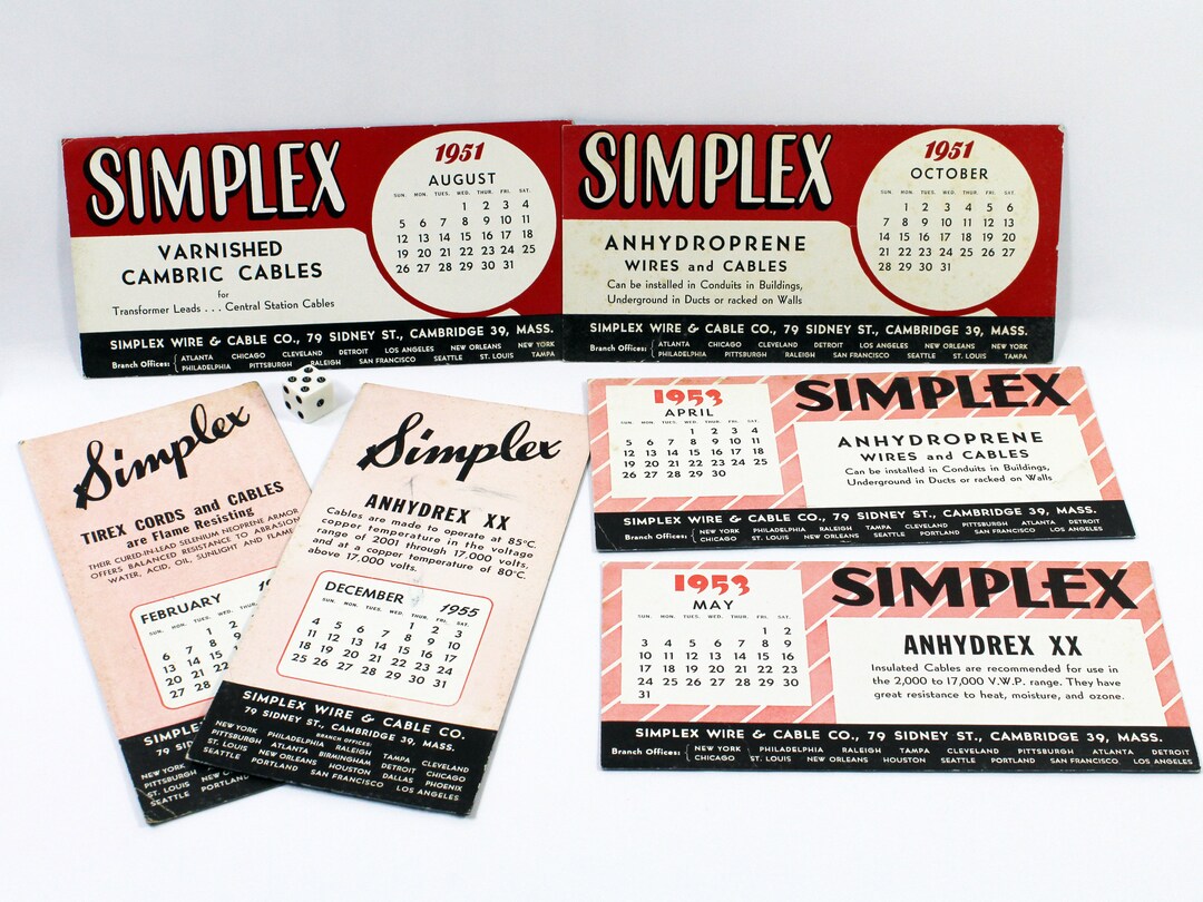 Six Vintage Simplex Wire & Cable Advertising Ink Blotter Calendar Cards ...