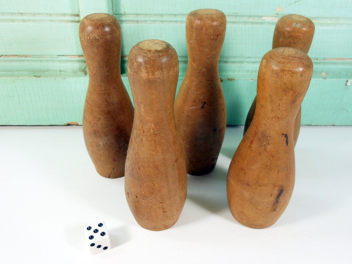 Vintage Wooden Toy Bowling Pins Set of Five | Etsy