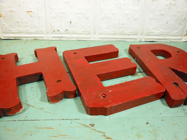 Three Red Rustic Wooden Marquee Letters HER Red Wooden - Etsy