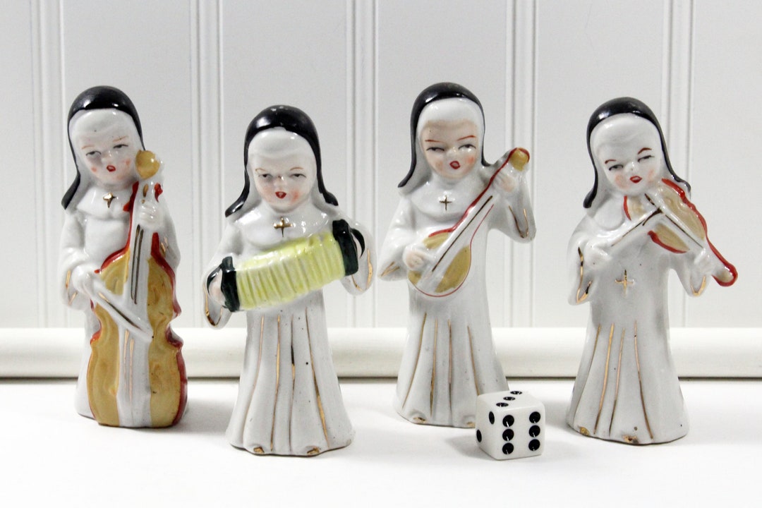 Four 1950s Ceramic Nuns in Black and White With Musical Instruments ...