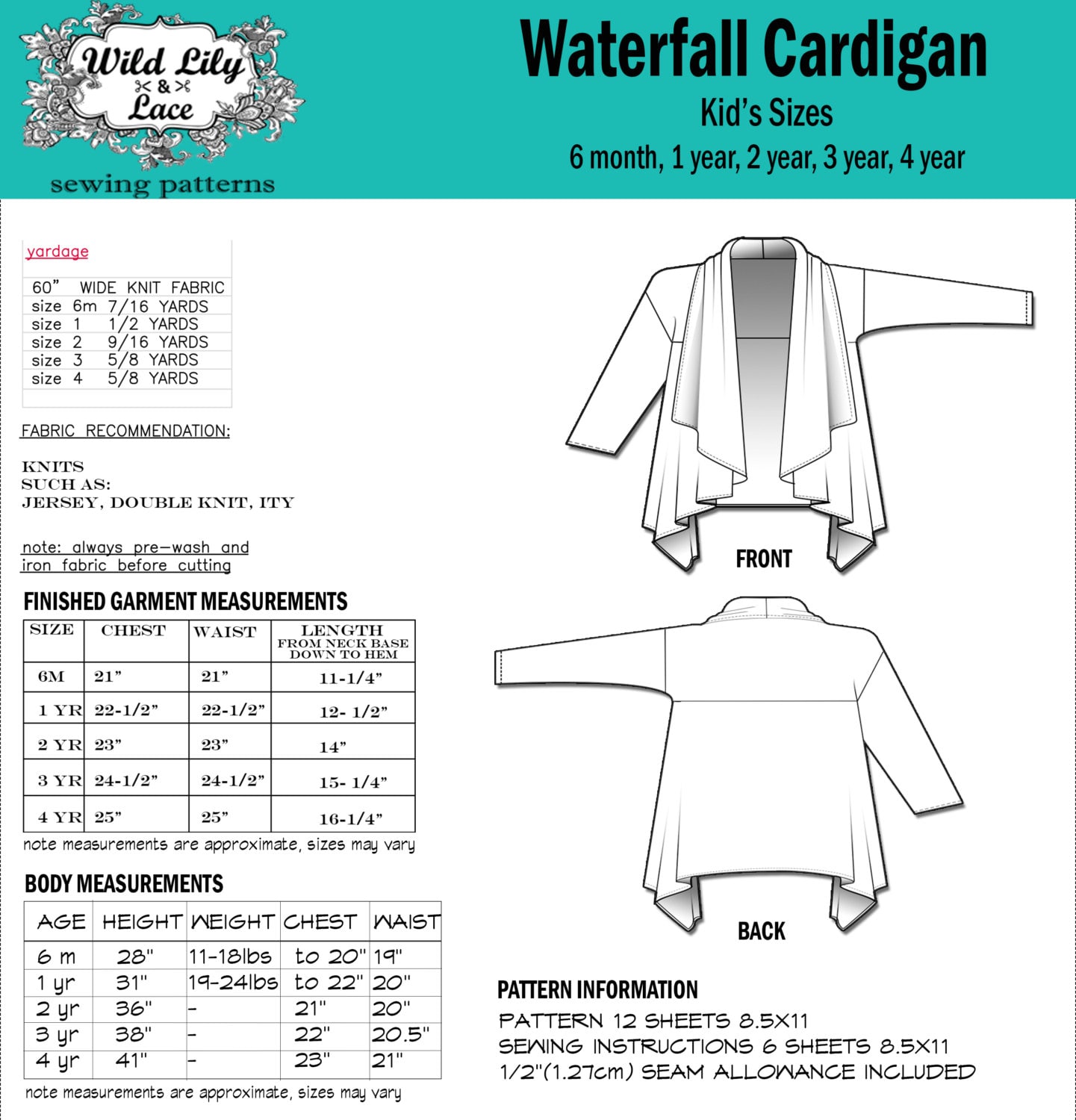 KIDS SEWING, PATTERN for Waterfall Cardigan, Kids Cardigan, Pdf Pattern ...