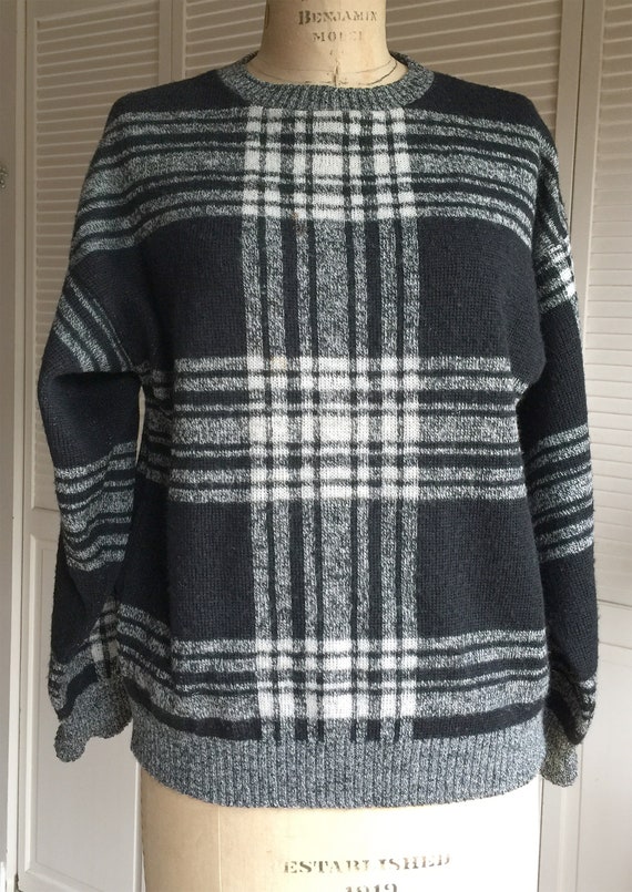1980s Pendleton Black and White Wool Plaid Sweater - Gem