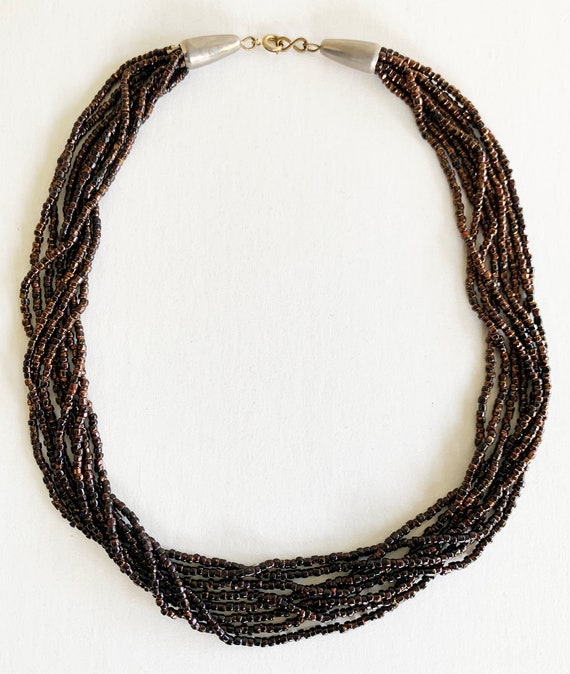 1950s Brown Seed Bead Multi Strand Necklace Gem