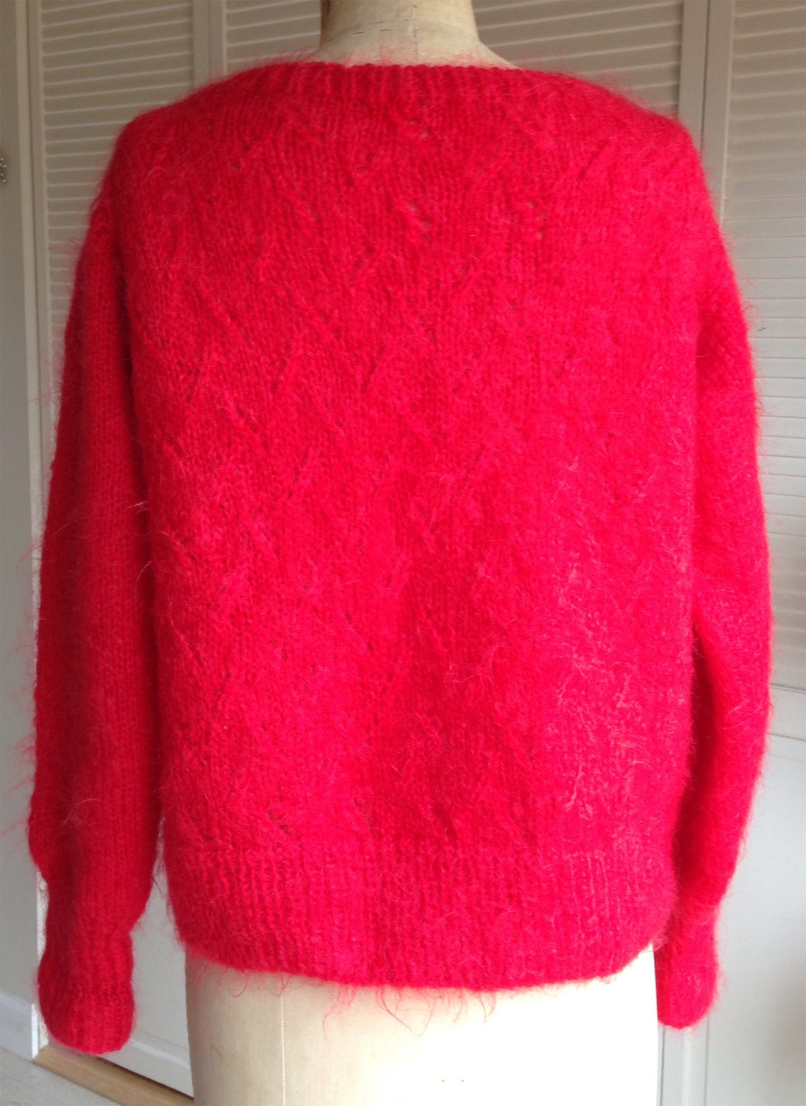 1980s Tomato Red Hand Knit Mohair Sweater Lattice Pattern - Etsy