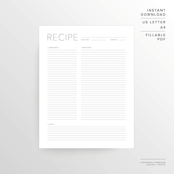 Recipe Page US Letter A4 Recipe Printable Recipe | Etsy