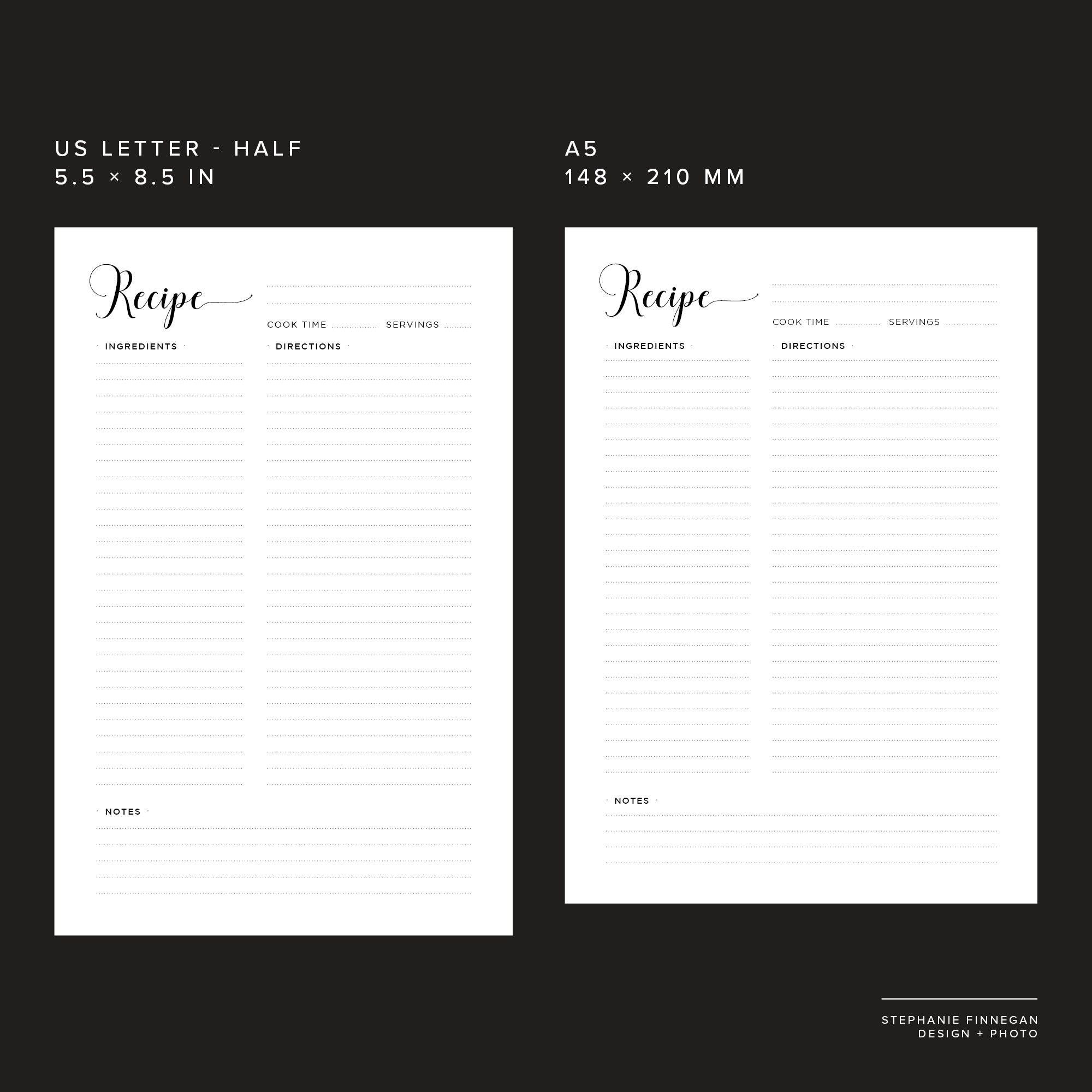 Recipe Page | Half US Letter | A5 | Recipe Printable | Recipe Template ...