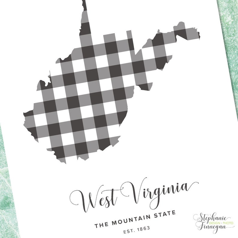 West Virginia Printable | Printable Art | Gingham | WV Print | West ...