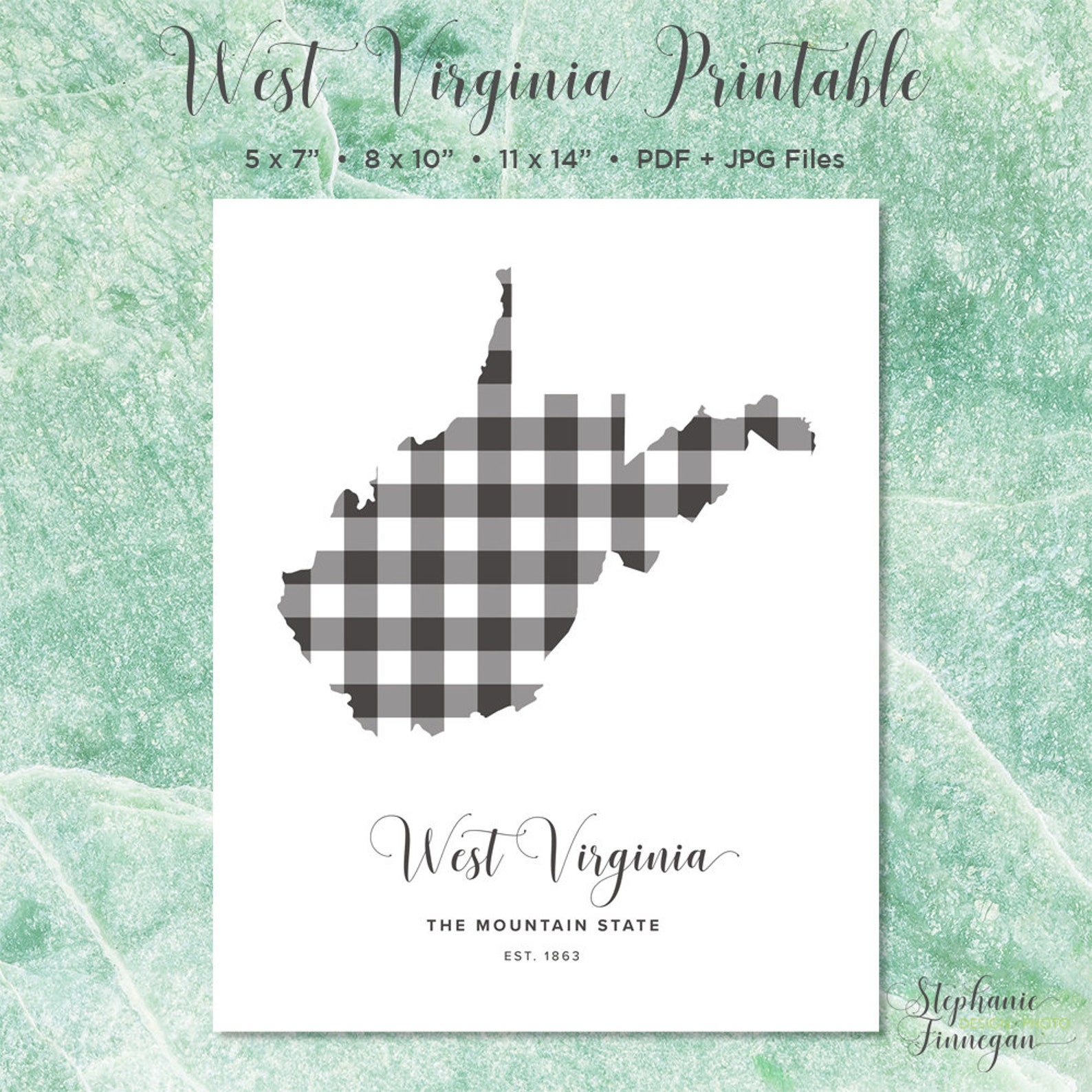 West Virginia Printable | Printable Art | Gingham | WV Print | West ...