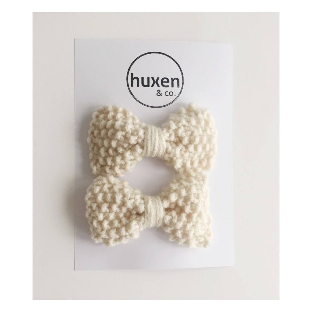 Set of Two CREAM KNIT BOWS, Hand Knit Bows, Matching Bow Hair Clips - Etsy