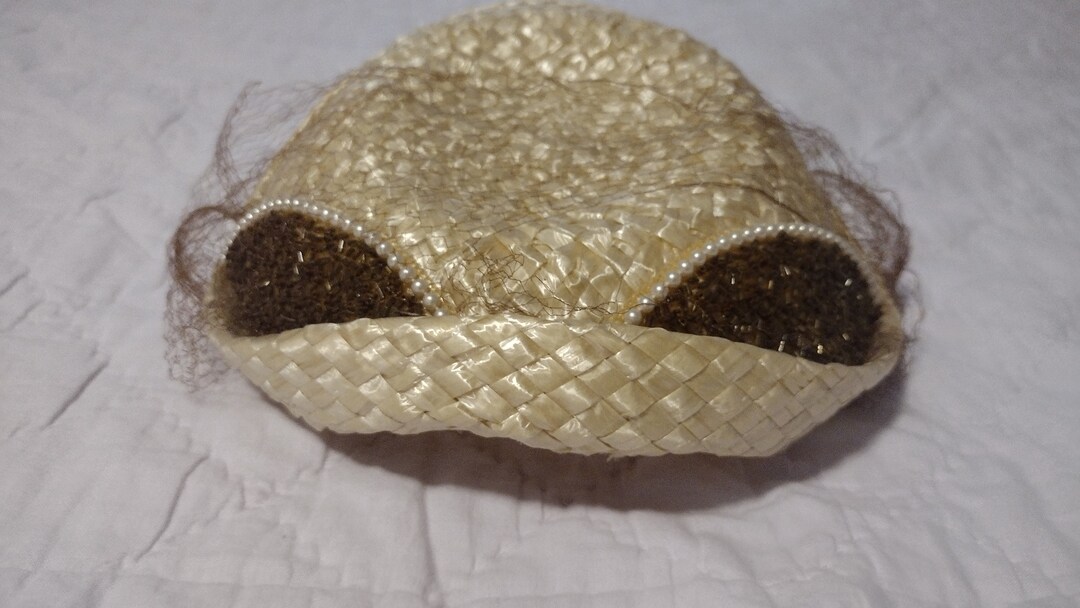 1950's Straw Hat With Gold Beads and Pearl Trim, Gold Veil - Etsy