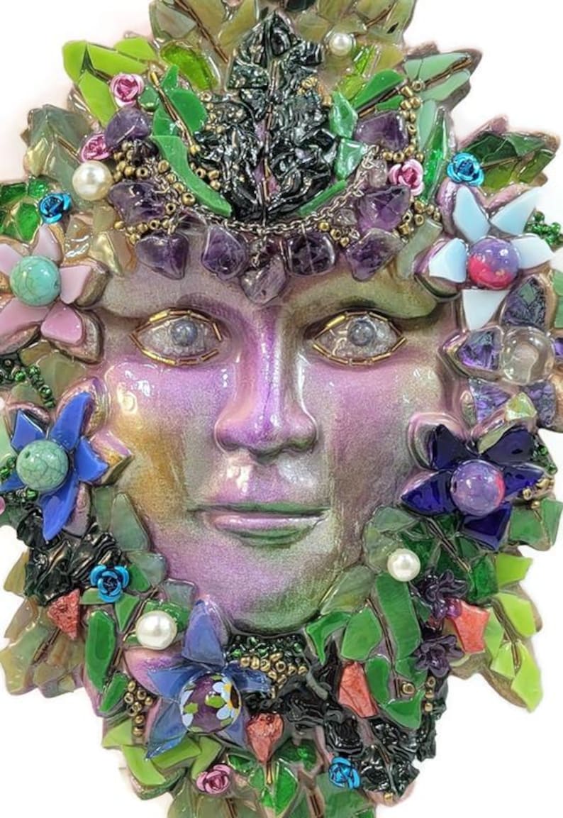 Mystical Green Man Mosaic Wall Mask – Resin Stained Glass Nature Spirit ...