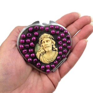 Mosaic Jesus Cameo Double Sided Heart Make up Mirror With Purple Beads ...