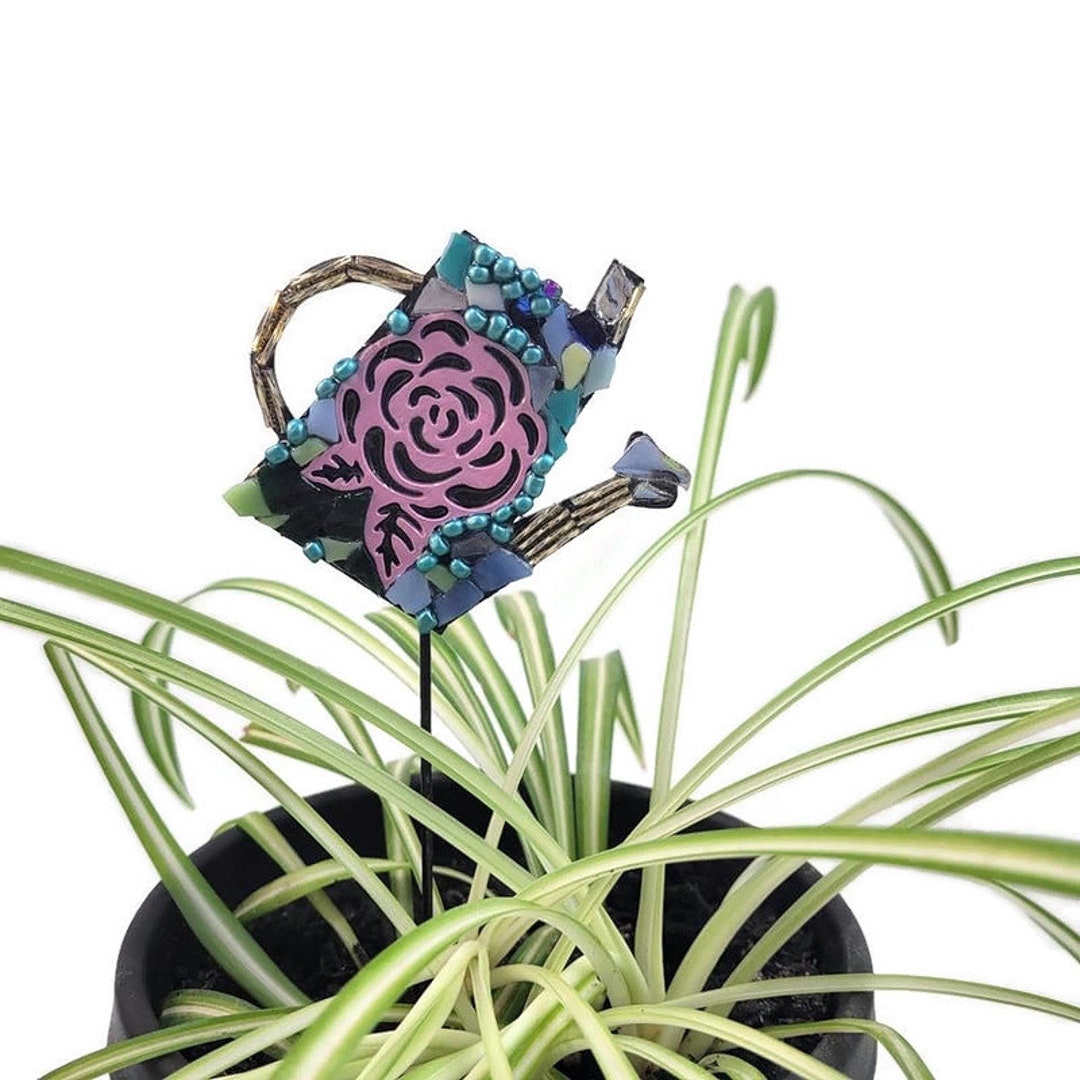 Rose Watering Can Plant Pick Stake Mosaic Potted Plant Bling Nature ...