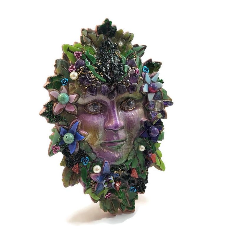Mystical Green Man Mosaic Wall Mask – Resin Stained Glass Nature Spirit ...