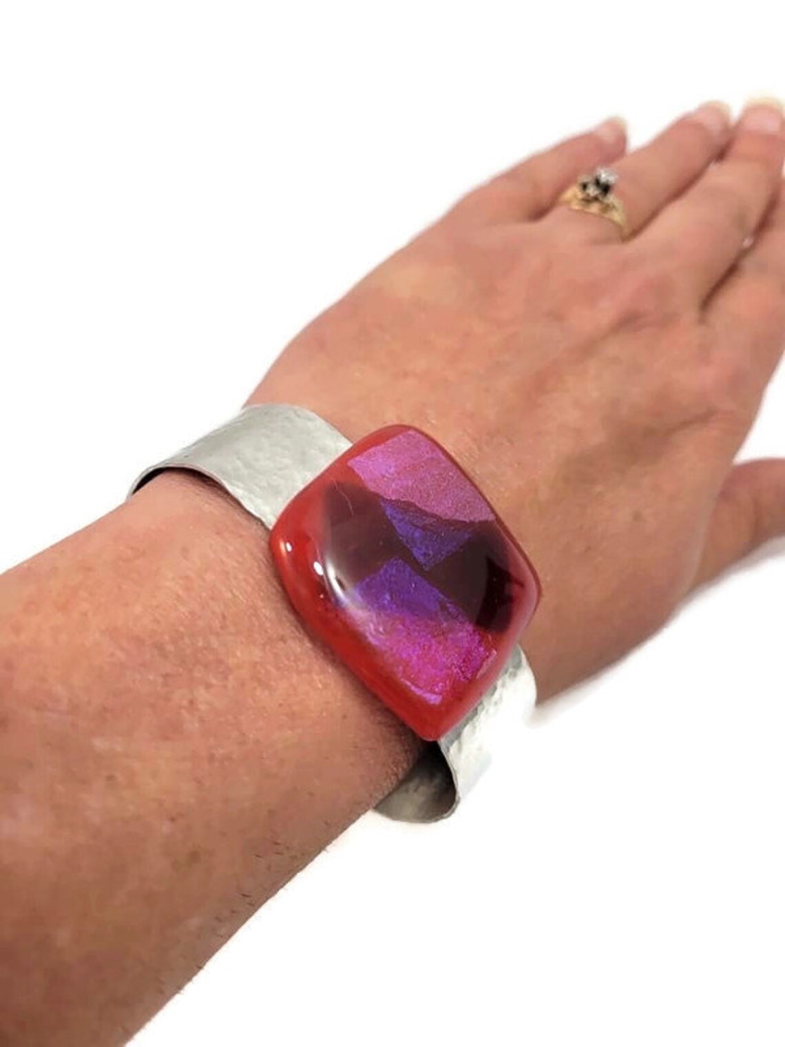 Adjustable Band Aluminum Fused Glass Cuff Bracelet Pink Red | Etsy