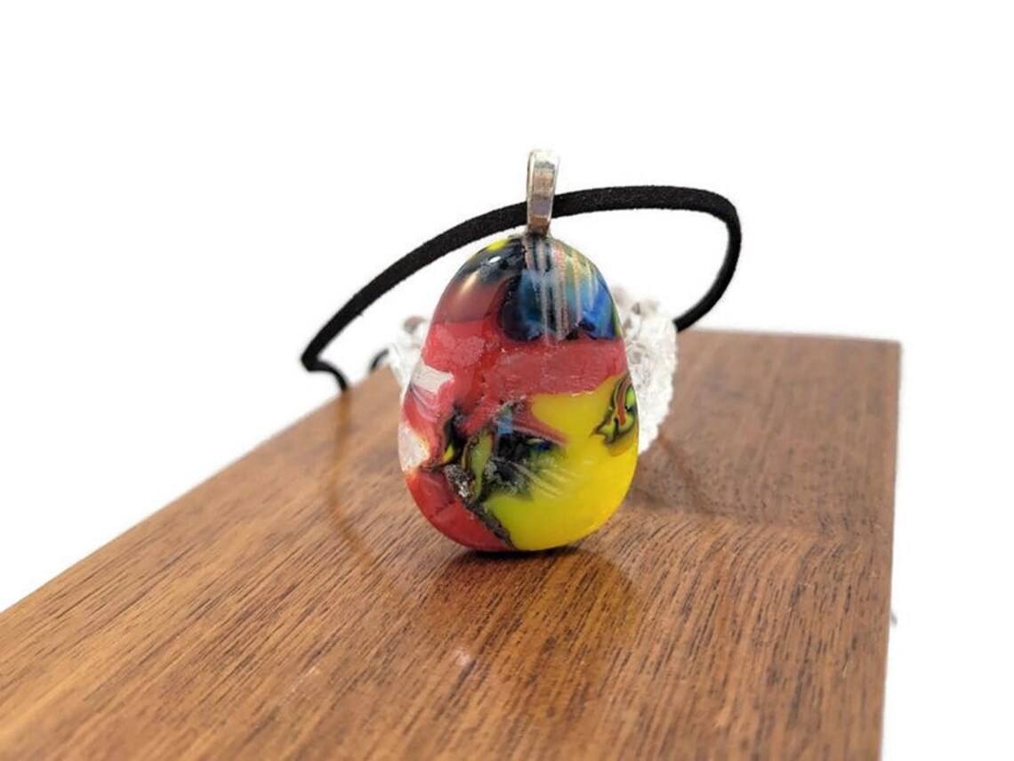 Funky Fused Glass Pendant Necklace Yellow Red Blue and Clear - Etsy