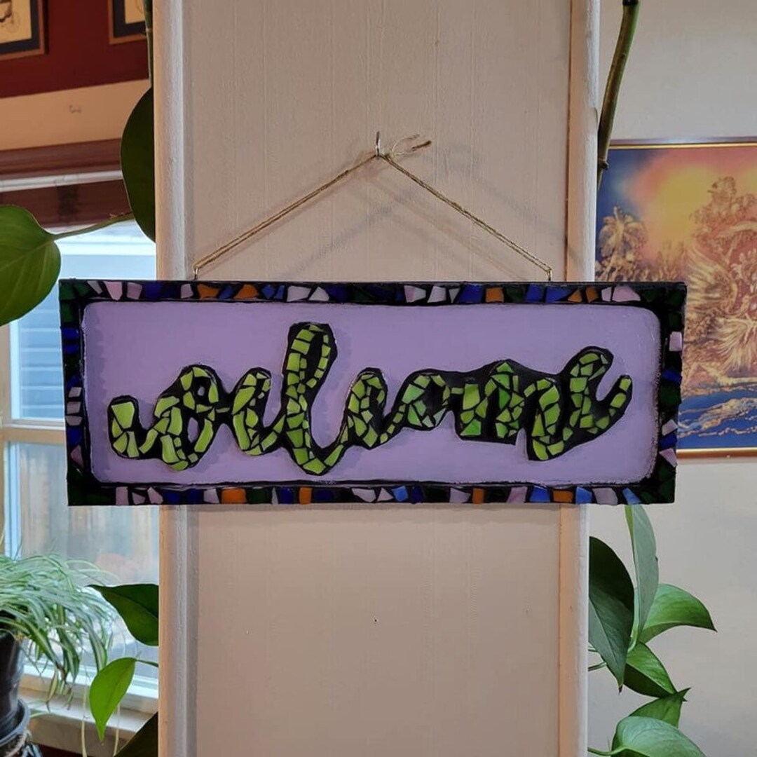 Stained Glass Welcome Sign, Green Mosaic, Lilac Painted Wood - Etsy