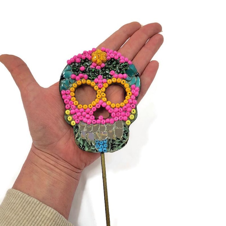 Handmade Mosaic Sugar Skull Plant Marker Day of the Dead Garden Decor ...