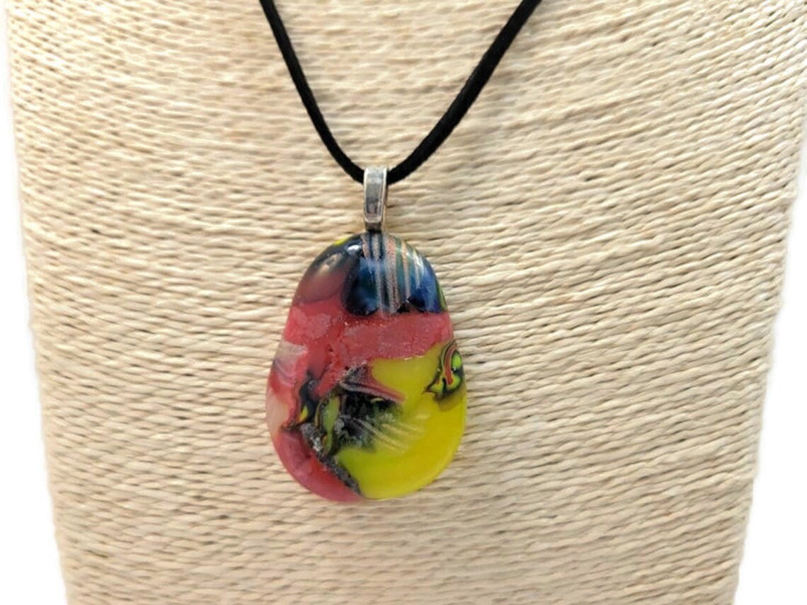 Funky Fused Glass Pendant Necklace Yellow Red Blue and Clear - Etsy