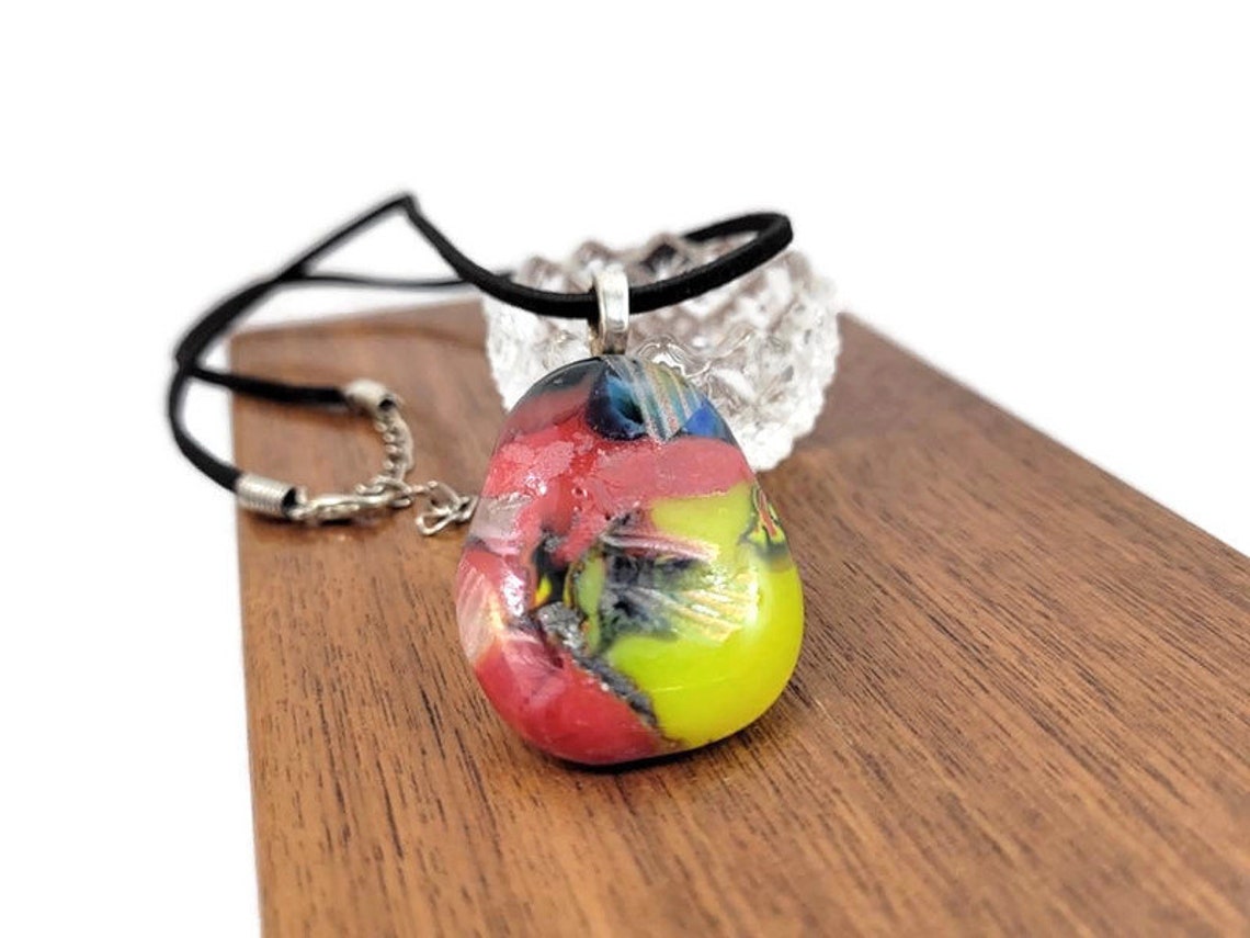 Funky Fused Glass Pendant Necklace Yellow Red Blue and Clear - Etsy