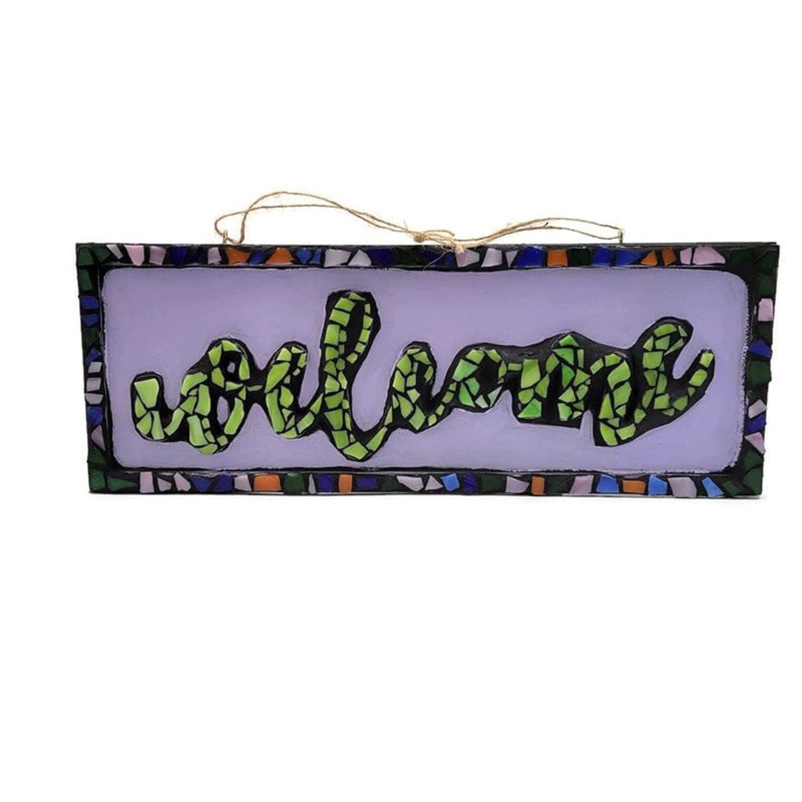 Stained Glass Welcome Sign, Green Mosaic, Lilac Painted Wood - Etsy