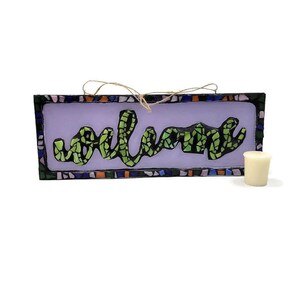 Stained Glass Welcome Sign, Green Mosaic, Lilac Painted Wood - Etsy