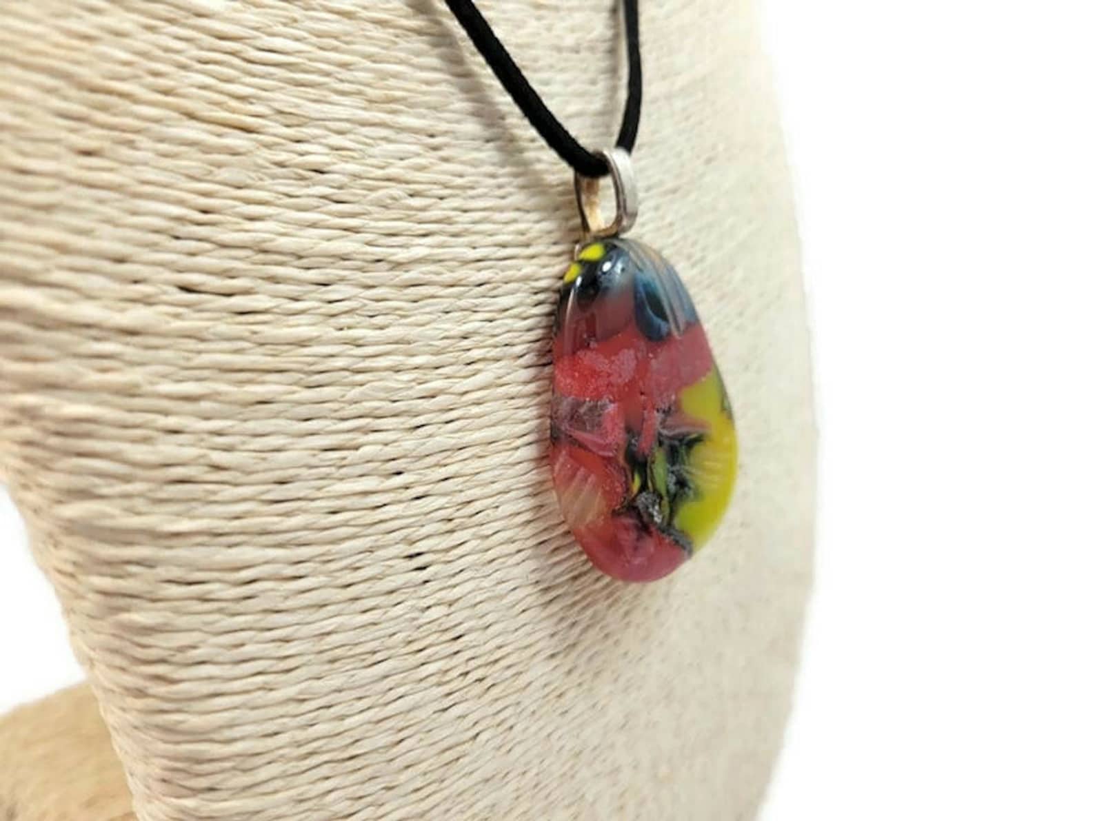 Funky Fused Glass Pendant Necklace Yellow Red Blue and Clear - Etsy