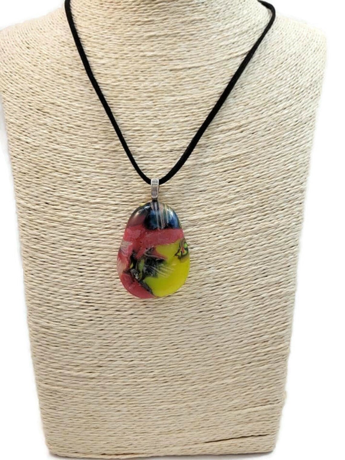 Funky Fused Glass Pendant Necklace Yellow Red Blue and Clear - Etsy