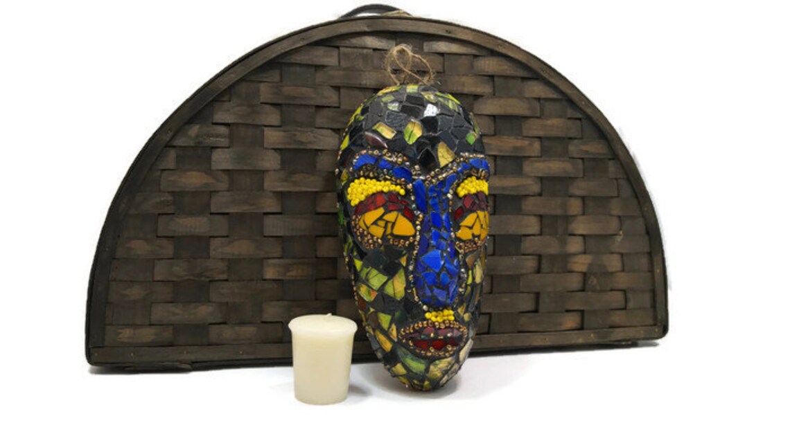 Tribal Mosaic Mask Wall Hanging, Borneo Art, Stained Glass & Seed Beads ...