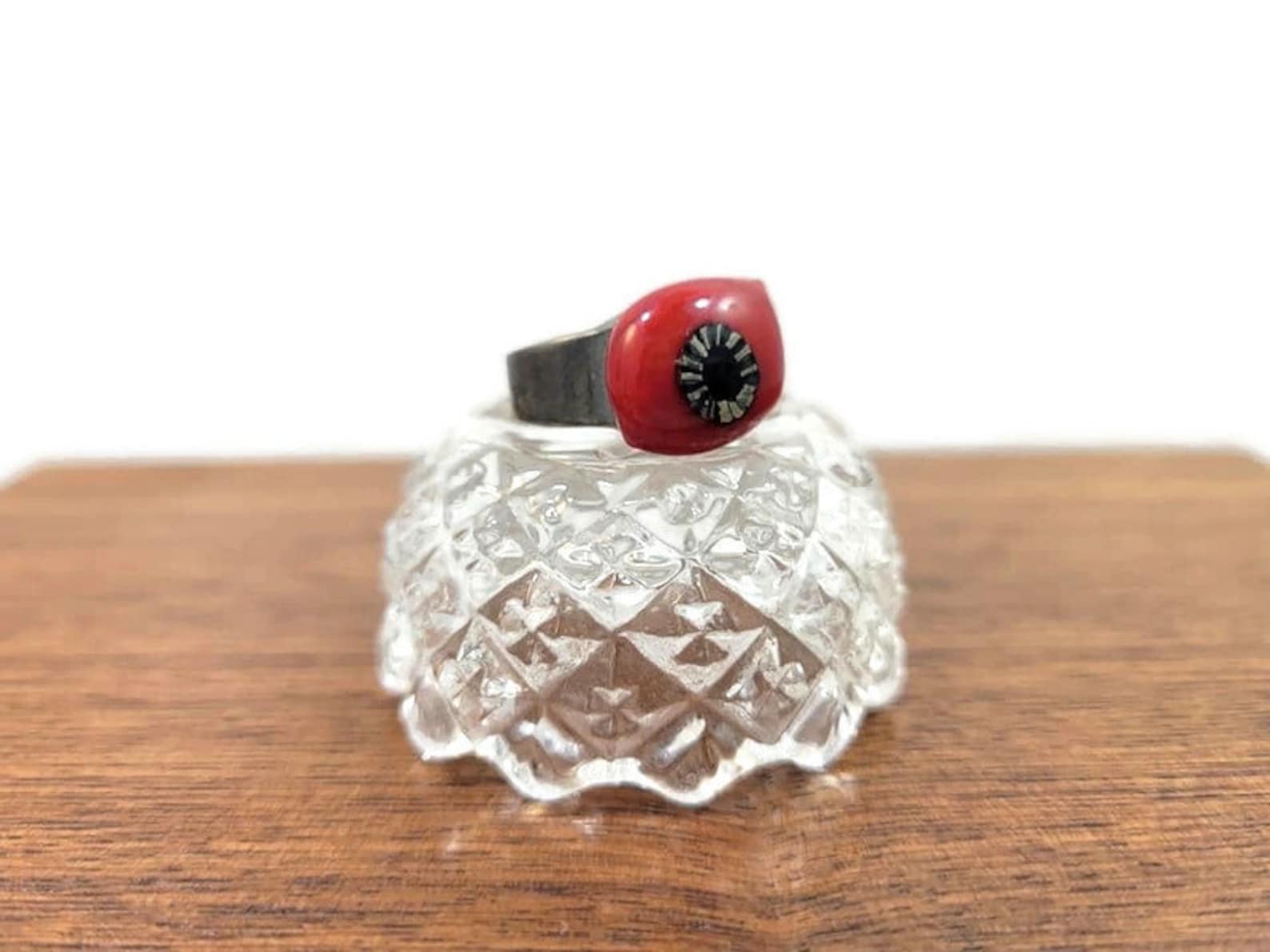 USA Size 6 Red Fused Glass Ring With Hematite Band Flower - Etsy