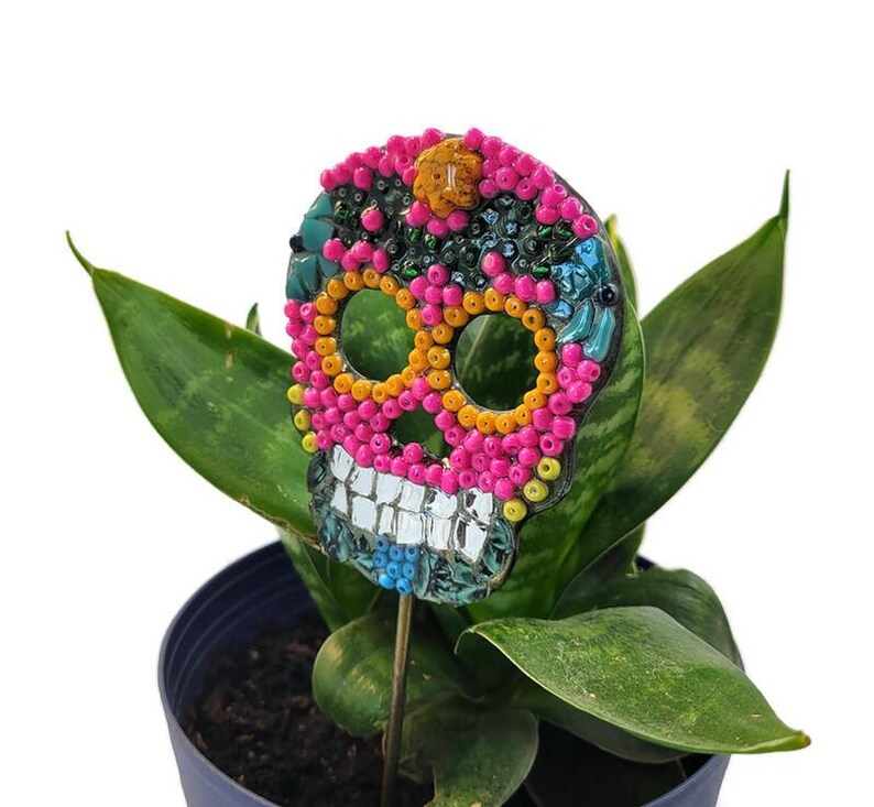 Handmade Mosaic Sugar Skull Plant Marker Day of the Dead Garden Decor ...