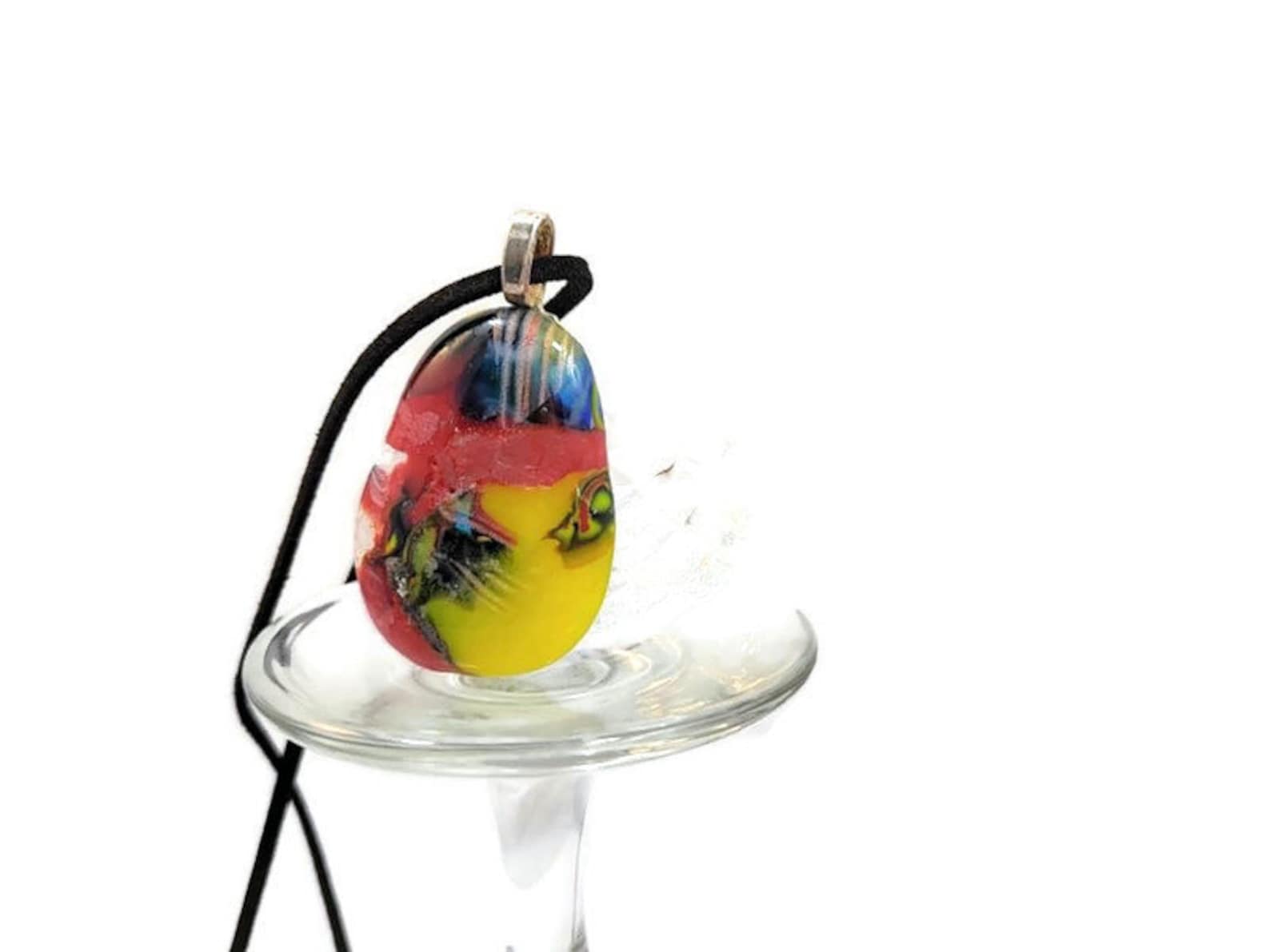 Funky Fused Glass Pendant Necklace Yellow Red Blue and Clear - Etsy
