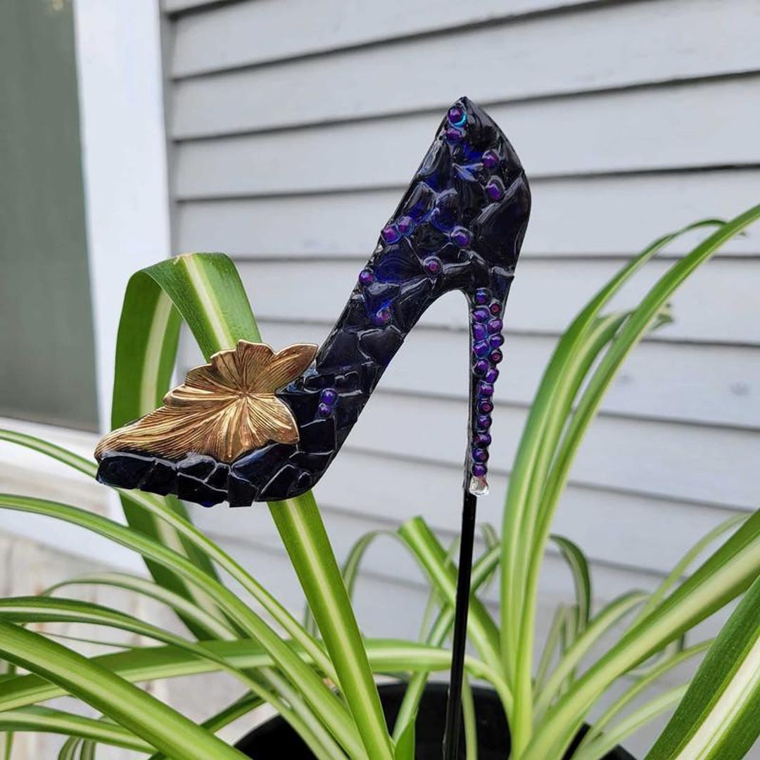 Stained Glass Stiletto Shoe Plant Stake, Beaded Heel & Metal Leaf - Etsy