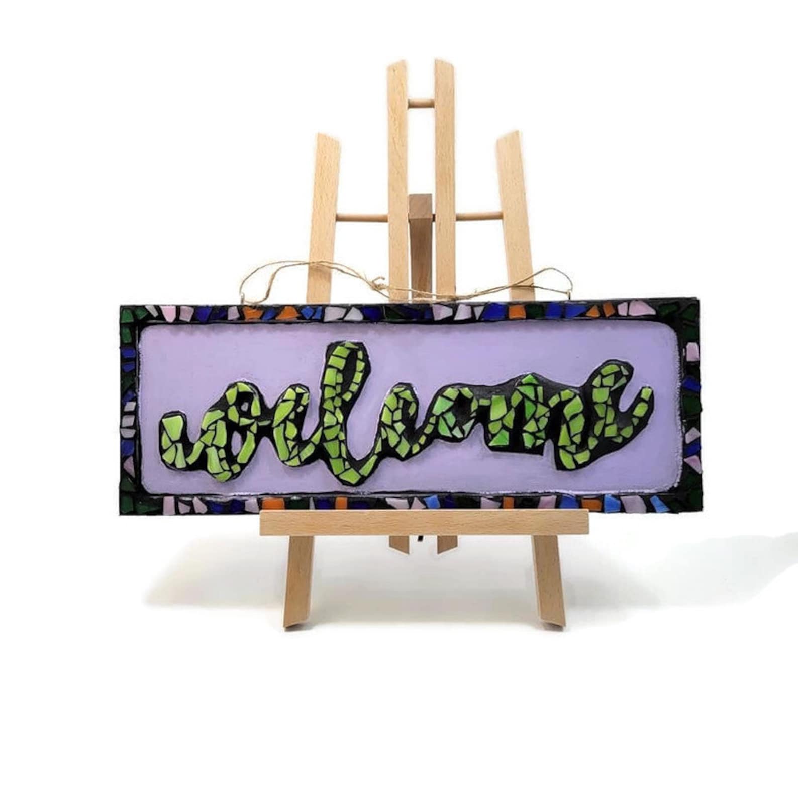 Stained Glass Welcome Sign, Green Mosaic, Lilac Painted Wood - Etsy