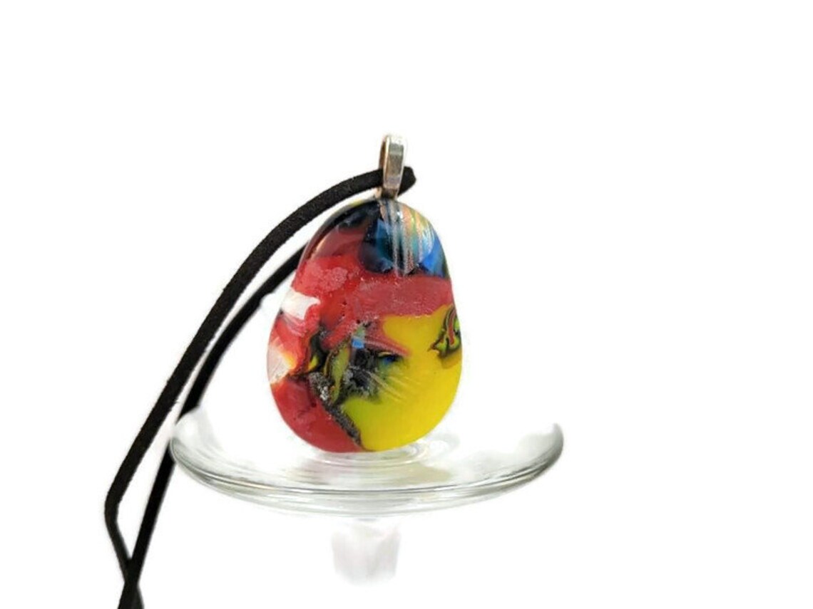 Funky Fused Glass Pendant Necklace Yellow Red Blue and Clear - Etsy