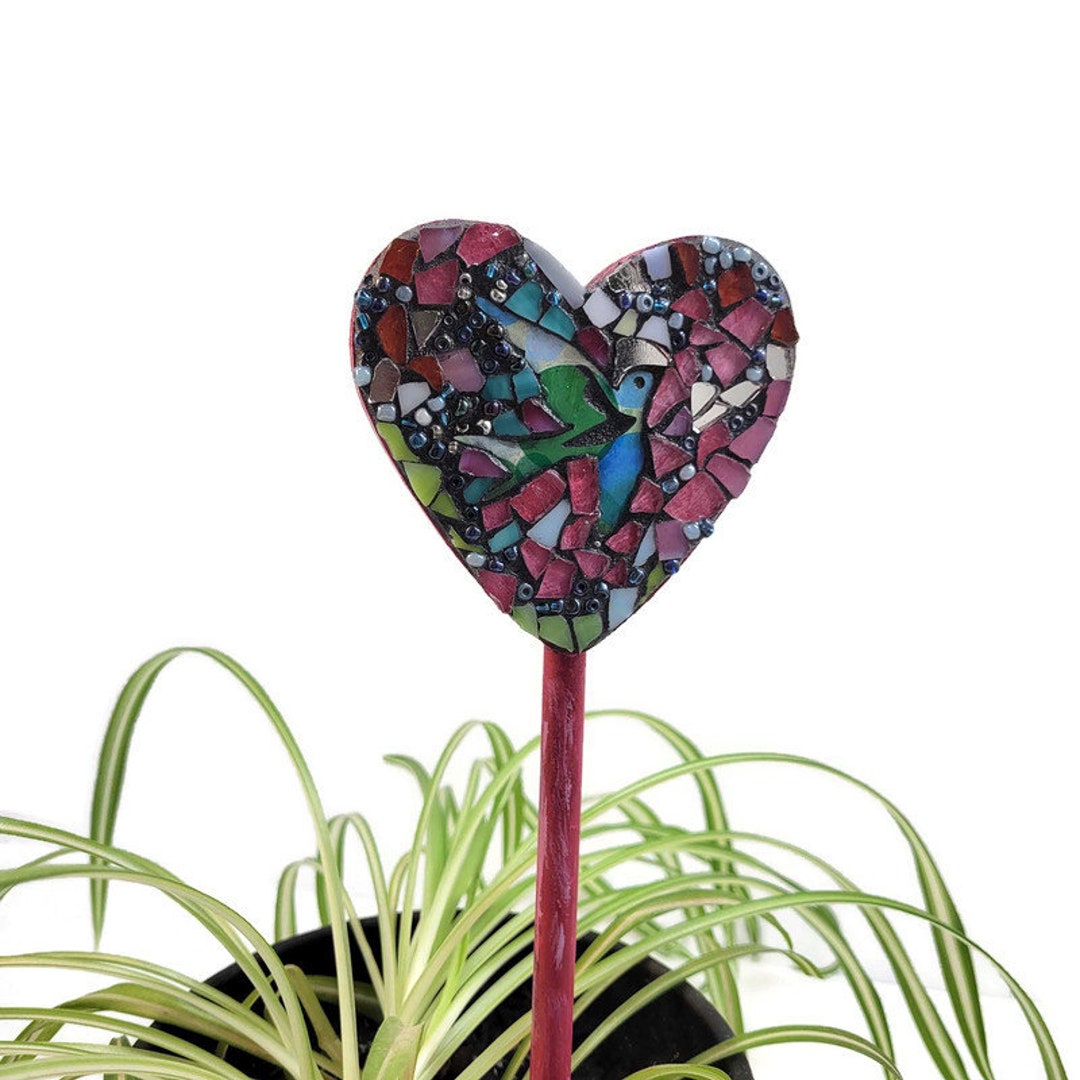 Mosaic Bird Plant Stake Valentine Heart Shaped Stake Indoor Garden ...