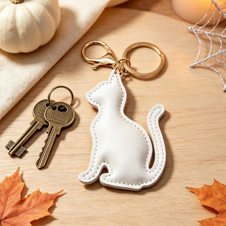 Halloween Black Cat Keychain, Faux Leather Spooky Cat Key Fob, Vintage ...