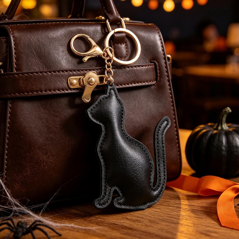Halloween Black Cat Keychain, Faux Leather Spooky Cat Key Fob, Vintage ...