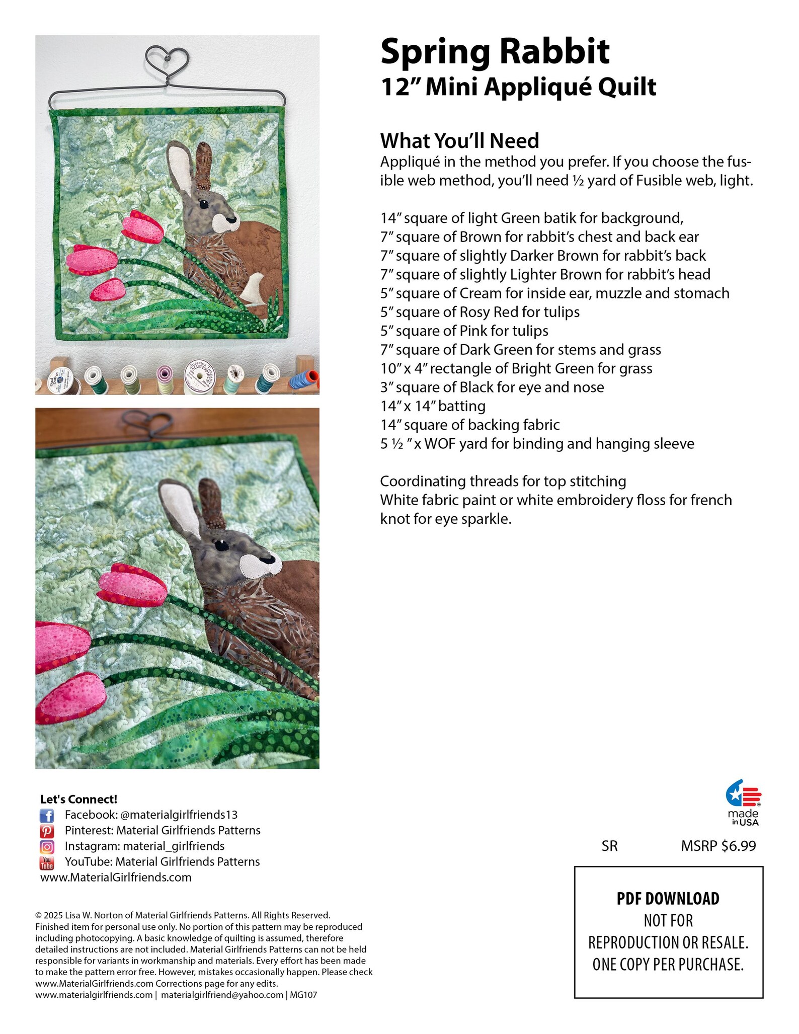 Digital Download Spring Rabbit Mini-quilt Pattern by Material ...