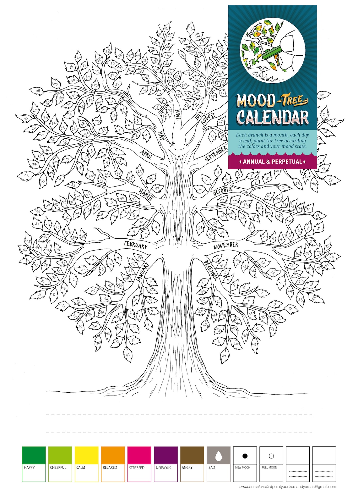 Mood Calendar, Coloring Calendar, Perpetual Wall Calendar Tree of Mood ...