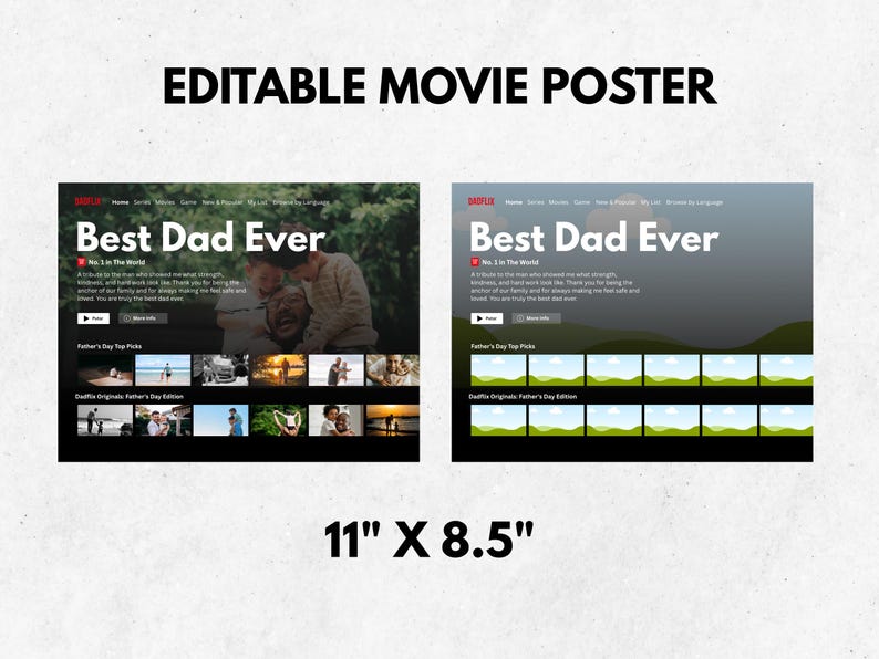 Editable Father Day Gift Dadflix Canva Template Movie Poster Dad Photo ...