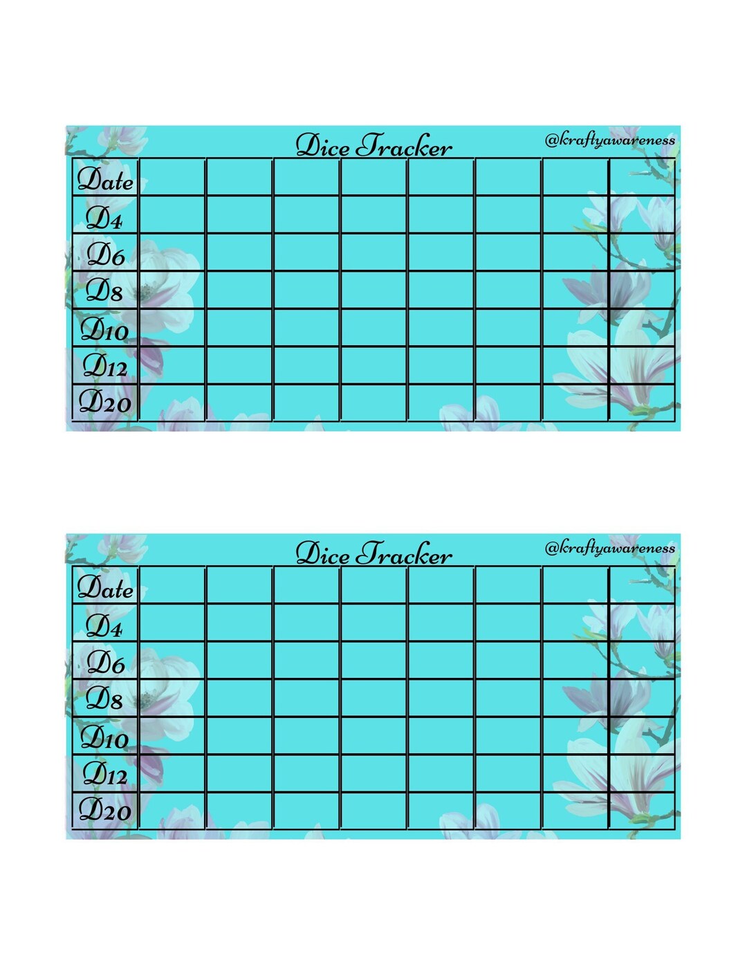DIGITAL Floral Dice Tracker A6 PAGE SIZE 6.5 X 3.5 In. - Etsy