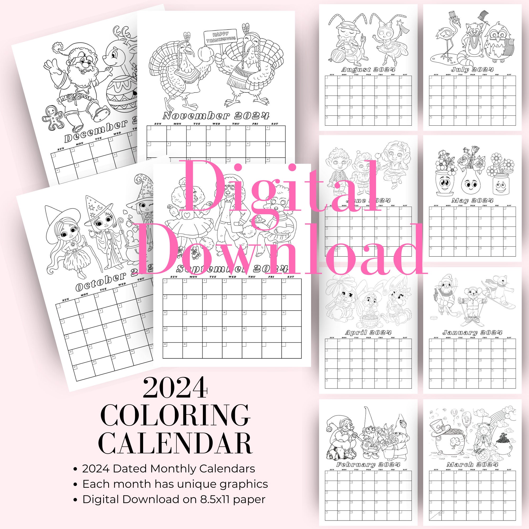2024 Coloring Calendar, 2024 Sunday Start Calendar, Printable Coloring ...