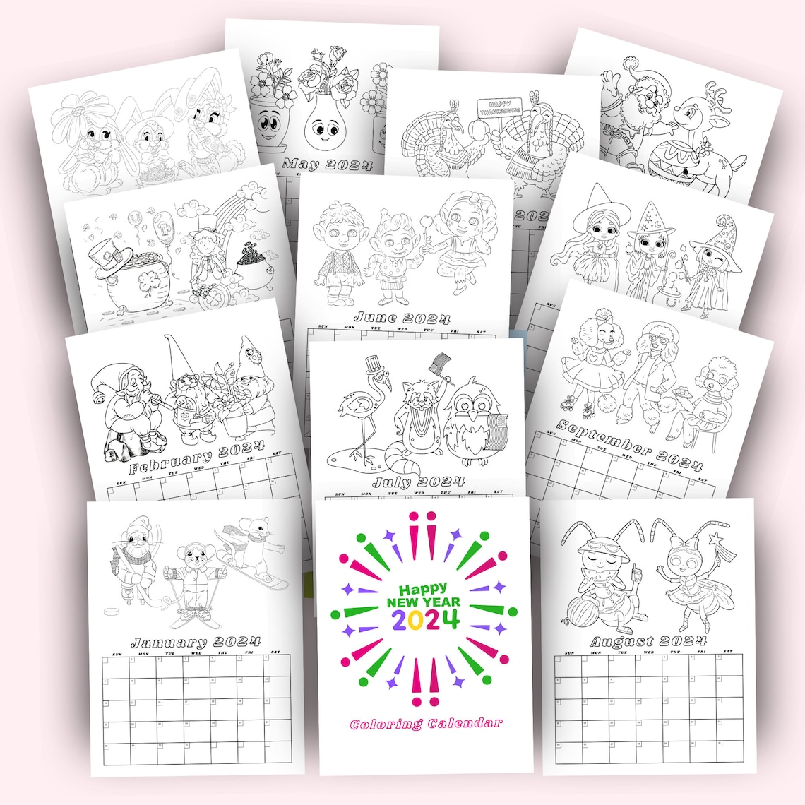 2024 Coloring Calendar, 2024 Sunday Start Calendar, Printable Coloring ...