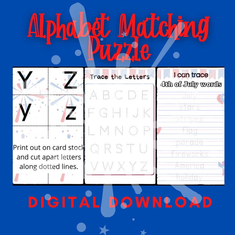 4th of July Alphabet Matching Puzzle Game, Print at Home, Digital ...