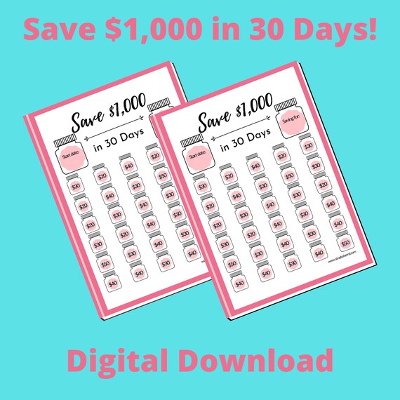 Save 1000 Dollars in 30 Days Printable Savings Printable | Etsy