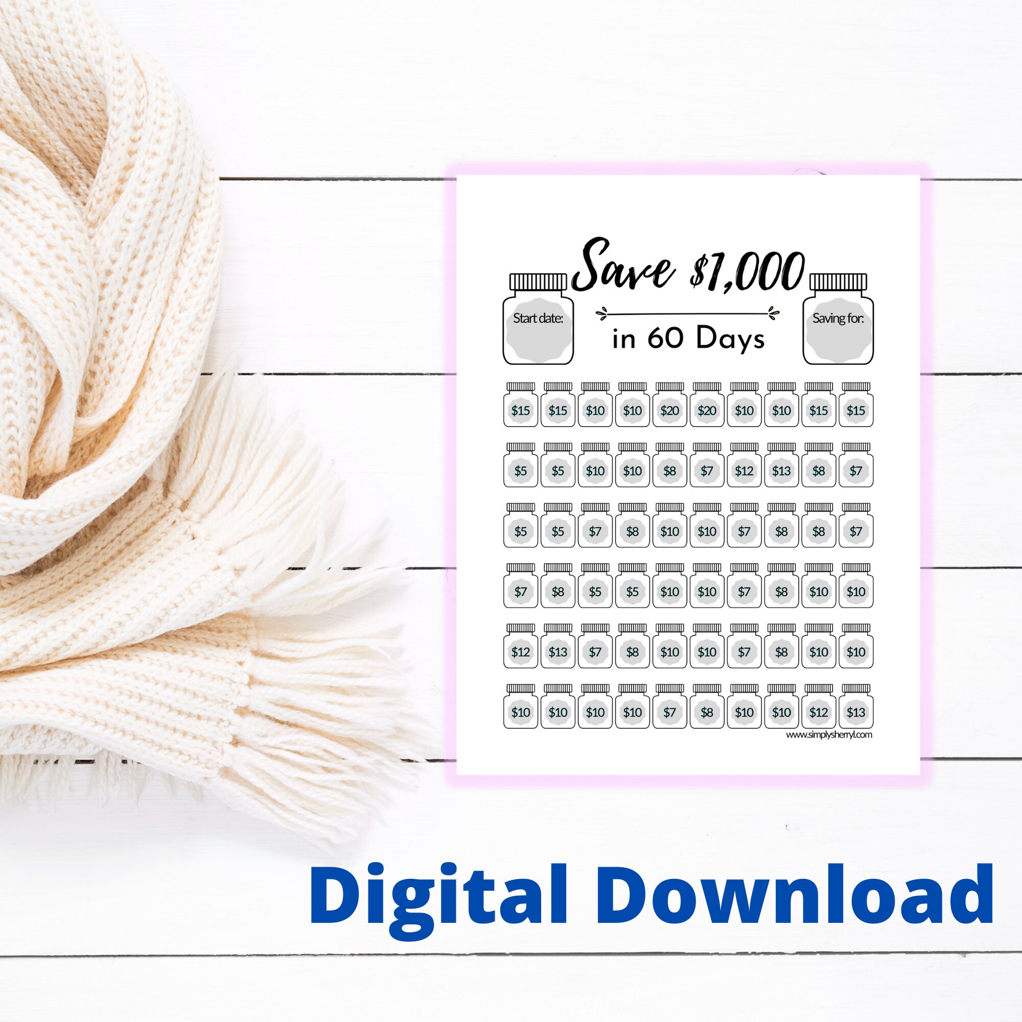 Save 1,000 Dollars in 60 Days Printable, Savings Printable, Savings ...